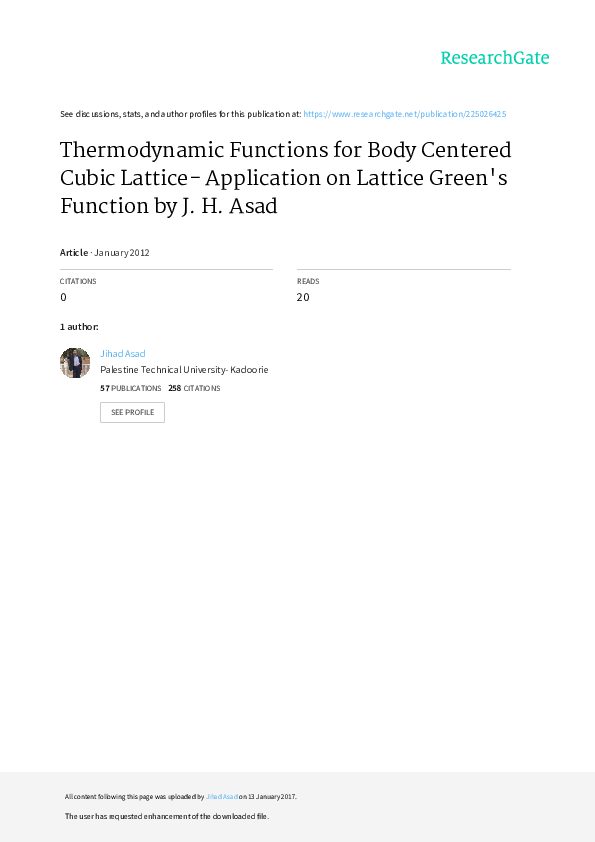 (PDF) Thermodynamic Functions for Body Centered Cubic Lattice- Application on Lattice Green's ...