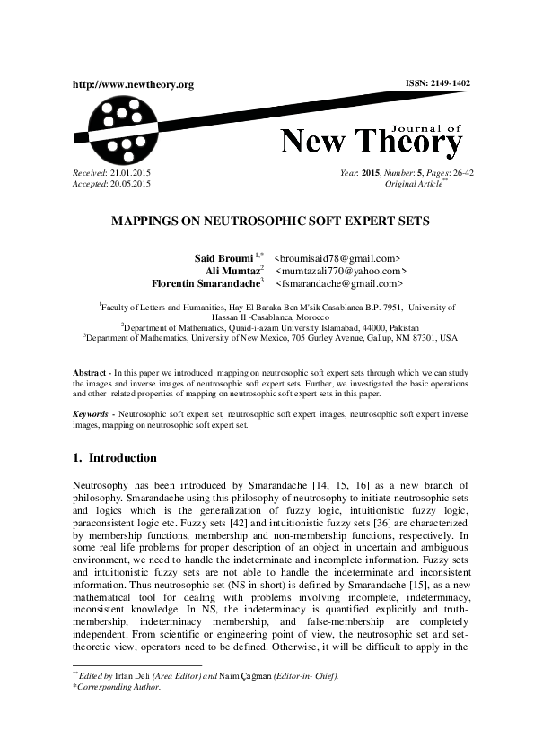 (PDF) MAPPINGS ON NEUTROSOPHIC SOFT EXPERT SETS