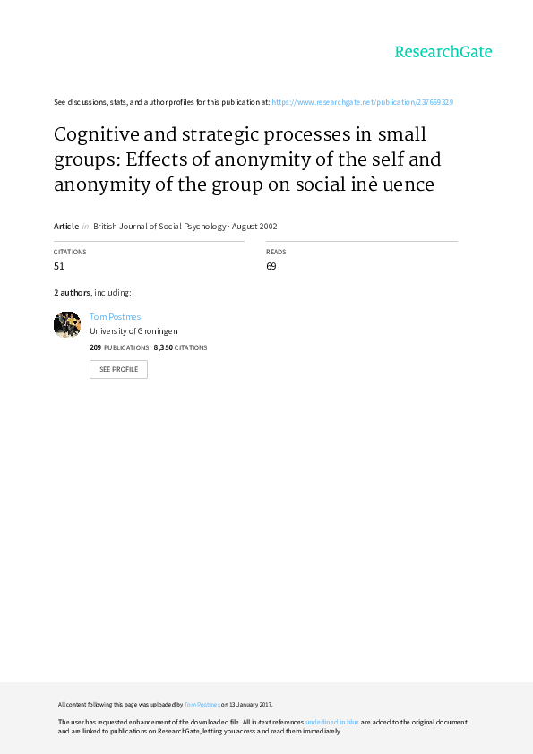 (PDF) Cognitive and strategic processes in small groups: Effects of anonymity of the self and ...