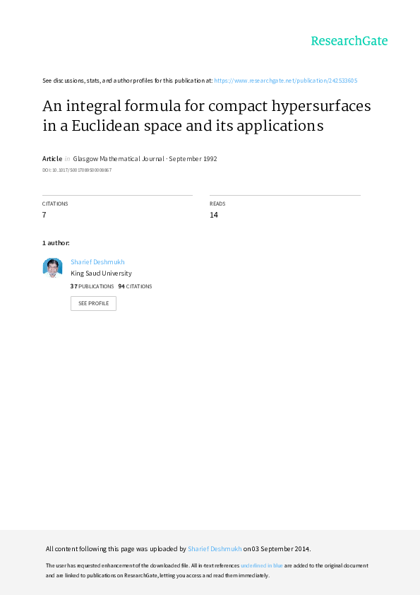 (PDF) An integral formula for compact hypersurfaces in a Euclidean space and its applications