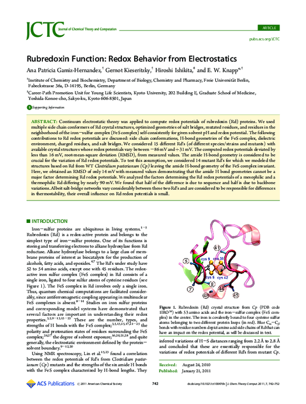 (PDF) Rubredoxin Function: Redox Behavior from Electrostatics