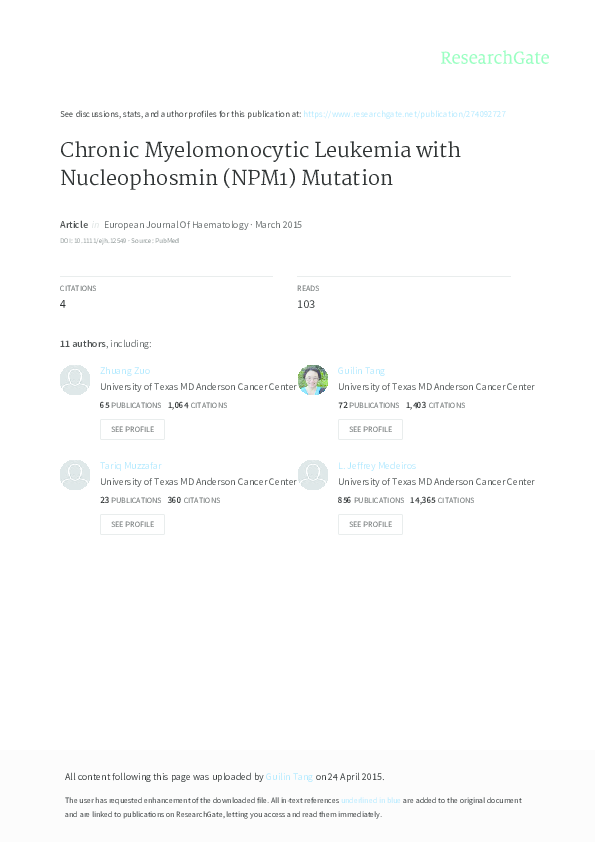 (PDF) Chronic Myelomonocytic Leukemia with Nucleophosmin (NPM1) Mutation