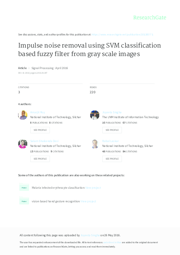 Pdf Impulse Noise Removal Using Svm Classification Based Fuzzy Filter From Gray Scale Images