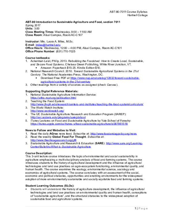 (DOC) ABT 80 7011 Intro Sustainable Ag & Food Course Syllabus