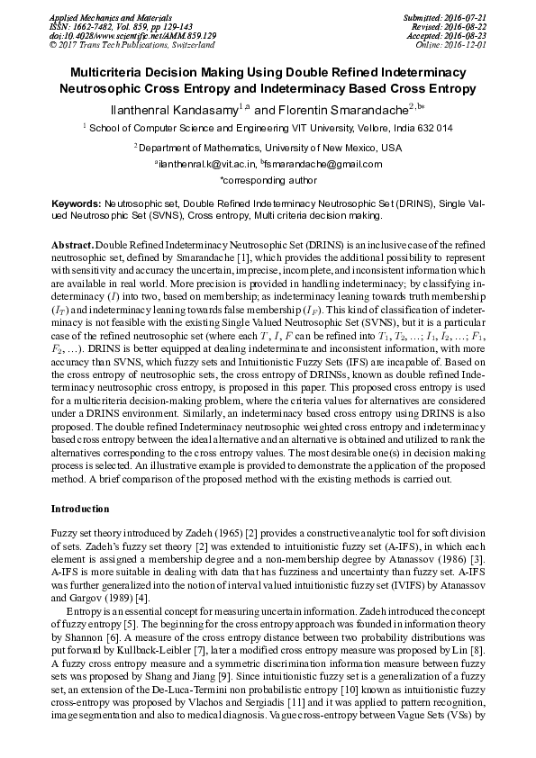 (PDF) NS-Cross Entropy Based MAGDM under Single Valued Neutrosophic Set Environment | Surapati ...