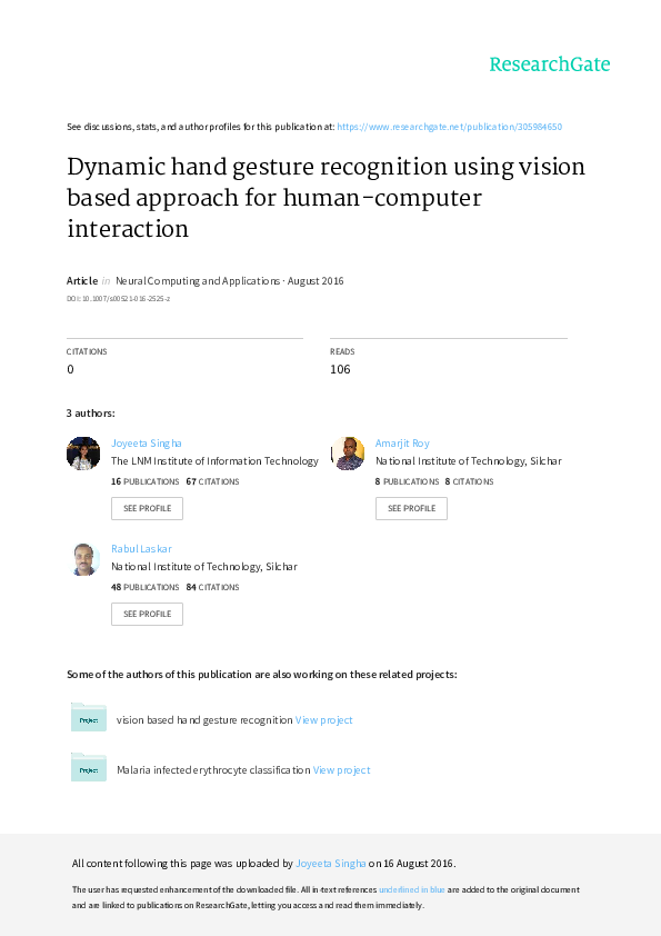 (PDF) Dynamic hand gesture recognition using vision based approach for human-computer interaction