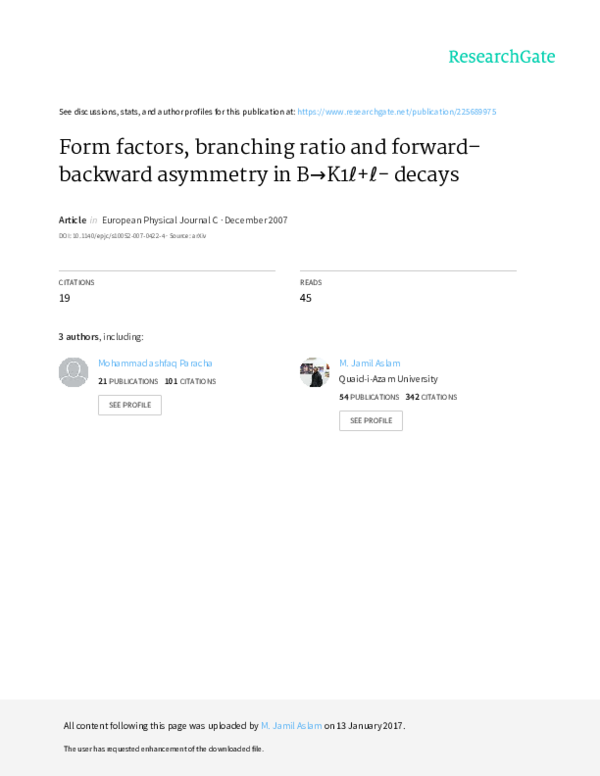 (PDF) Form factors, branching ratio and forward-backward asymmetry in $ B\ rightarrow K_1\ ell ...