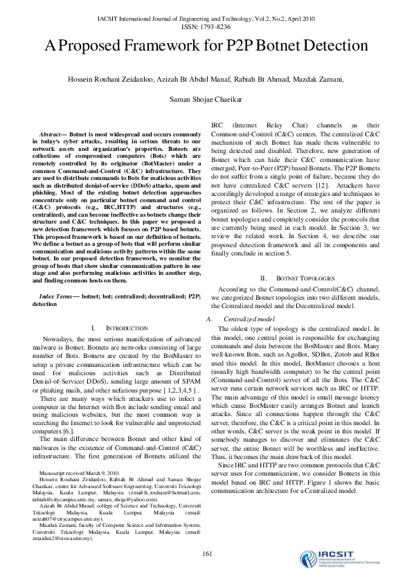 (PDF) A Proposed Framework for P2P Botnet Detection