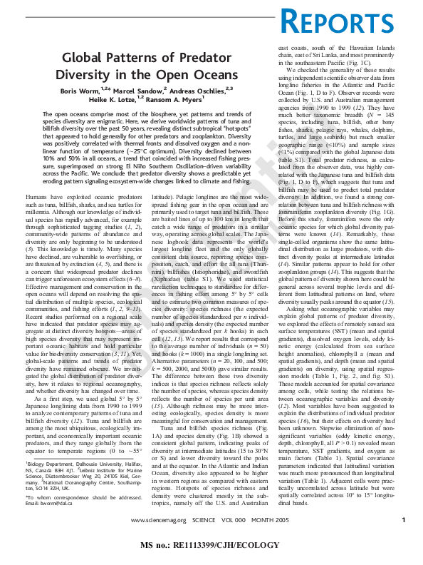 (PDF) Global patterns of predator diversity in the open oceans