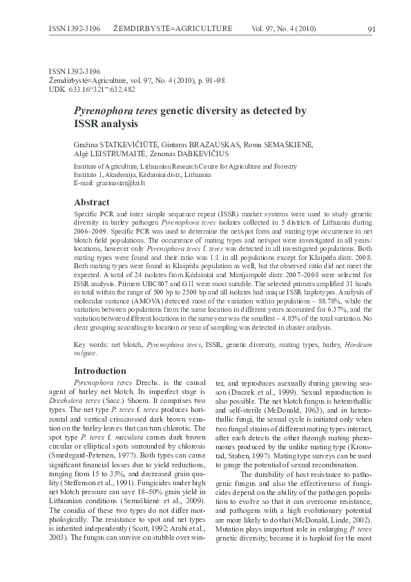 (PDF) Pyrenophora teres genetic diversity as detected by ISSR analysis