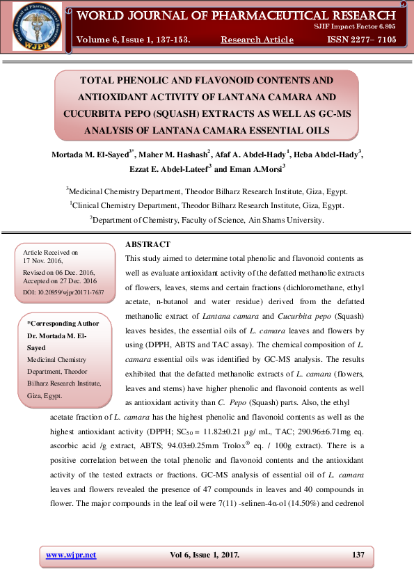 (PDF) TOTAL PHENOLIC AND FLAVONOID CONTENTS AND ANTIOXIDANT ACTIVITY OF LANTANA CAMARA AND ...