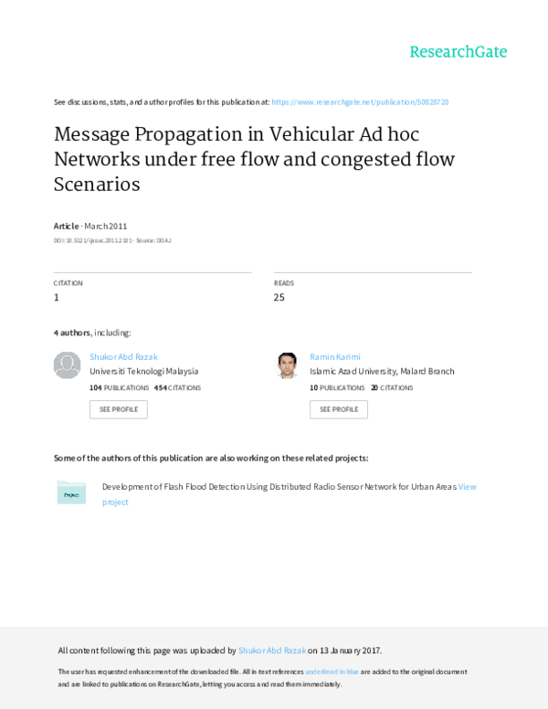 Pdf Message Propagation In Vehicular Ad Hoc Networks Under Free Flow And Congested Flow Scenarios