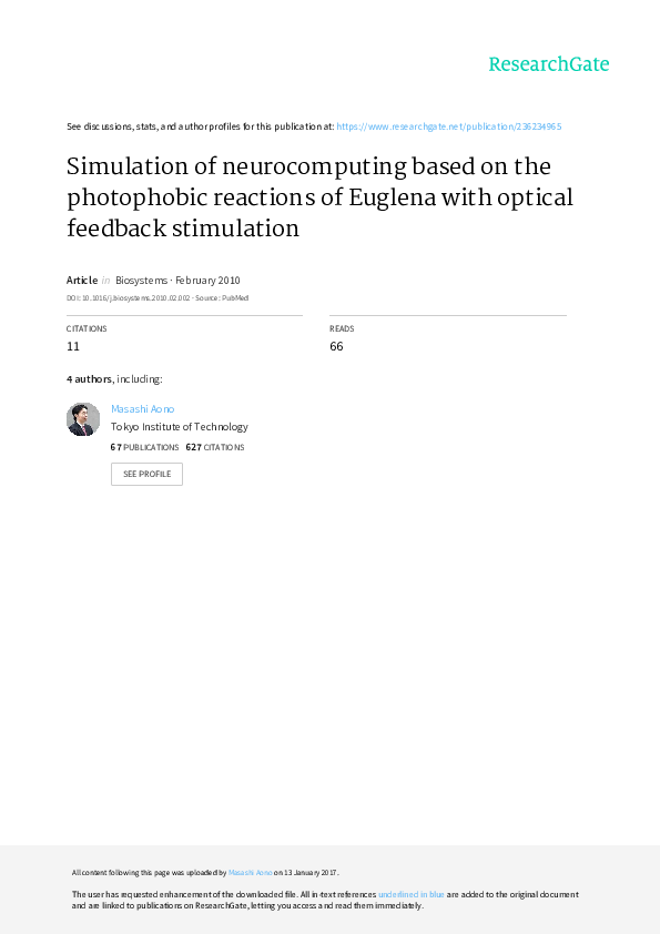 (PDF) Simulation of Neurocomputing Based on Photophobic Reactions of Euglena: Toward Microbe ...