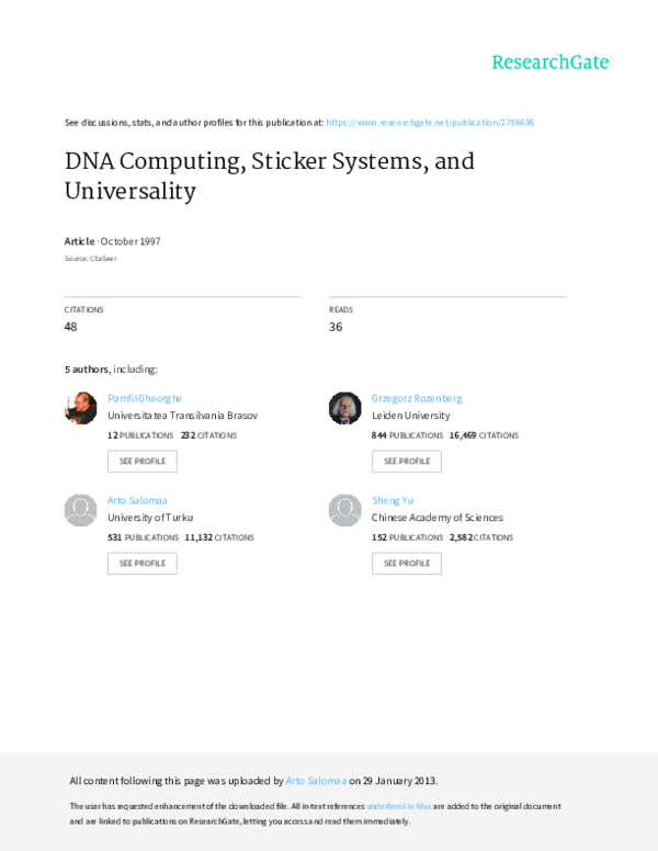 (PDF) DNA computing, sticker systems, and universality