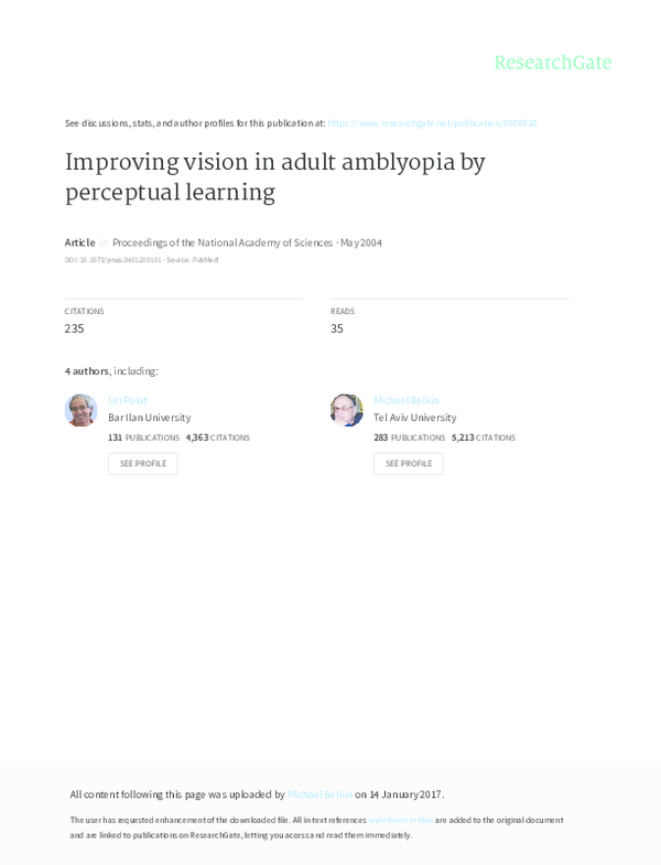 (PDF) Improving vision in adult amblyopia by perceptual learning