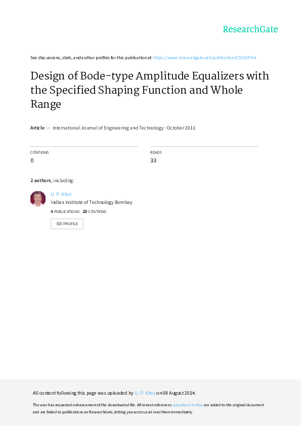 (PDF) Design of Bode-type Amplitude Equalizers with the Specified Shaping Function and Whole Range