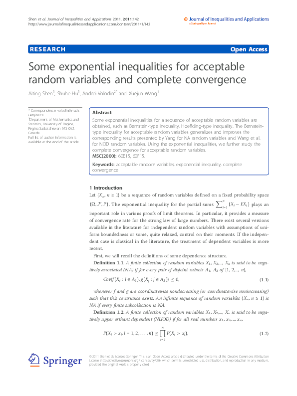 (PDF) Some exponential inequalities for acceptable random variables and complete convergence