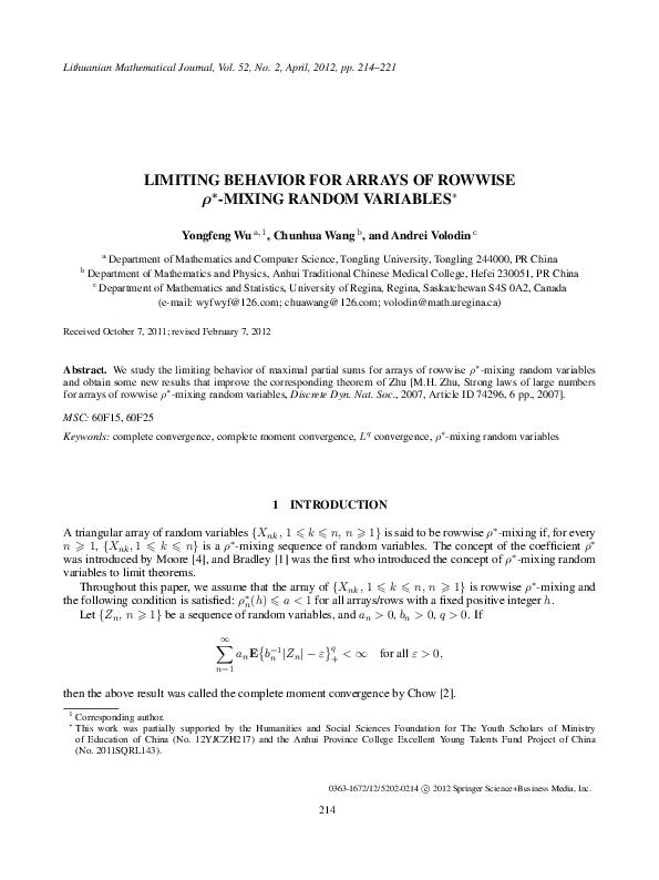 (PDF) Limiting behavior for arrays of rowwise ρ *-mixing random variables