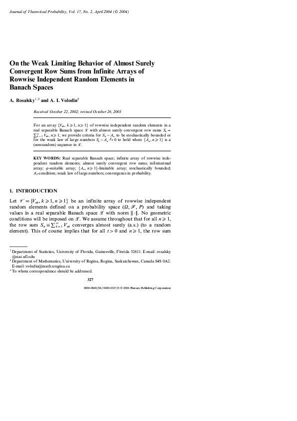 (PDF) On the Weak Limiting Behavior of Almost Surely Convergent Row Sums from Infinite Arrays of ...