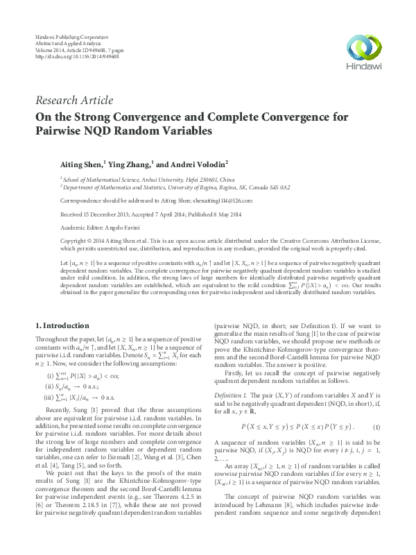 (PDF) On the Strong Convergence and Complete Convergence for Pairwise NQD Random Variables