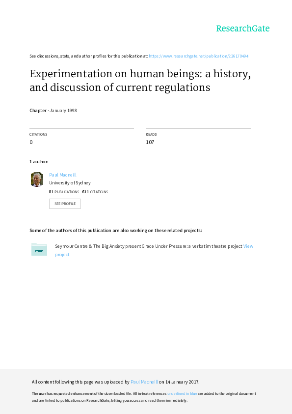 (PDF) Experimentation on human beings: a history, and discussion of ...