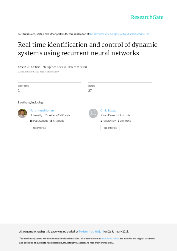 Pdf Real Time Identification And Control Of Dynamic Systems Using Recurrent Neural Networks