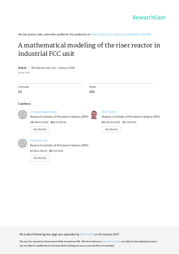 (PDF) A Mathematical Modeling of the Riser Reactor in Industrial FCC Unit