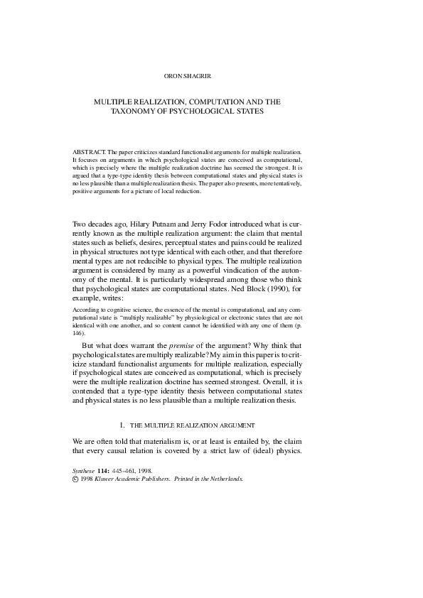 (PDF) Multiple Realization, Computation and the Taxonomy of ...