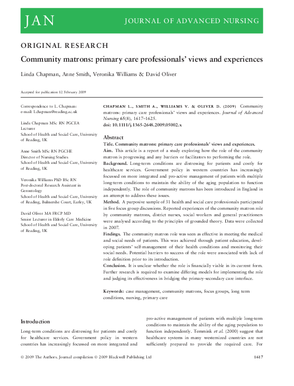 (PDF) Community matrons: primary care professionals' views and experiences