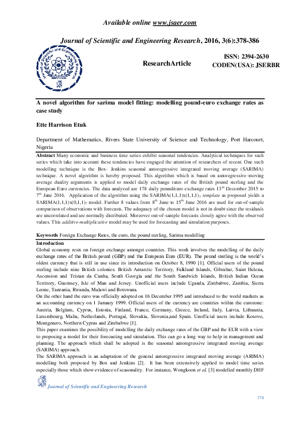 Pdf A Novel Algorithm For Sarima Model Fitting Modelling Pound Euro