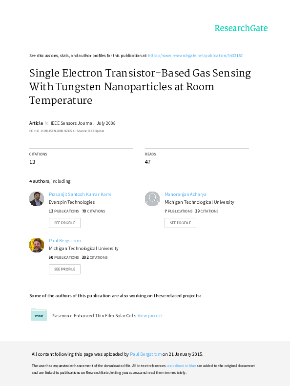 Pdf Single Electron Transistor Based Gas Sensing With Tungsten Nanoparticles At Room Temperature