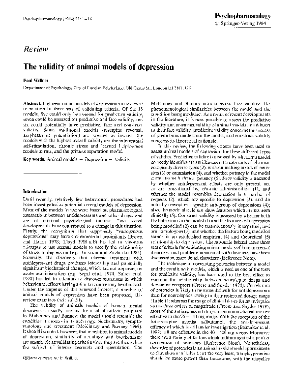 (PDF) The validity of animal models of depression