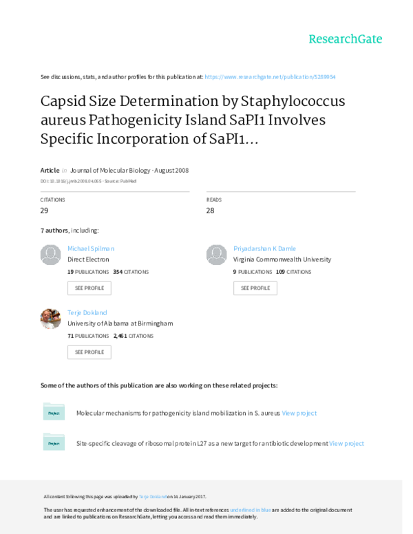 (PDF) Capsid size determination by Staphylococcus aureus pathogenicity island SaPI1 involves ...