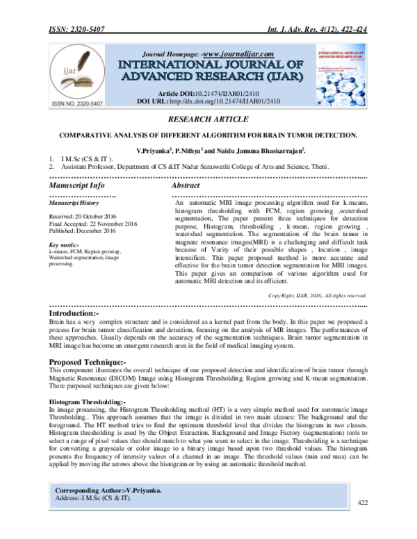 Pdf Comparative Analysis Of Different Algorithm For Brain Tumor Detection