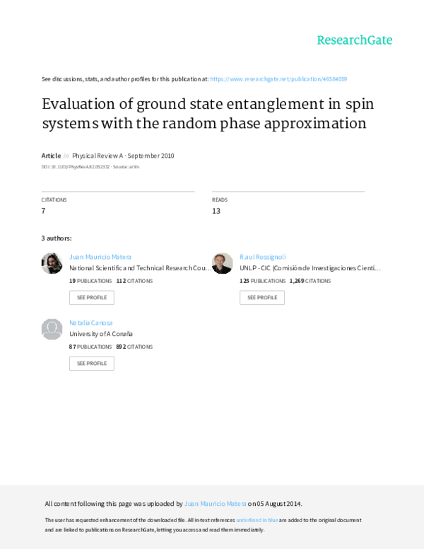 (PDF) Evaluation of ground-state entanglement in spin systems with the random phase approximation