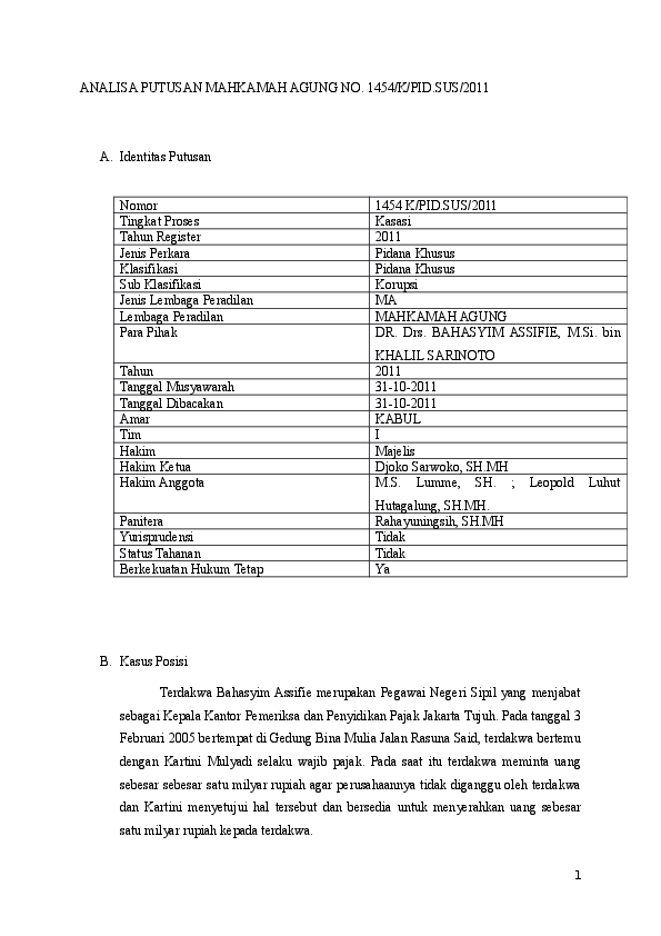 (DOC) ANALISA PUTUSAN MAHKAMAH AGUNG NO. 1454/K/PID.SUS/2011