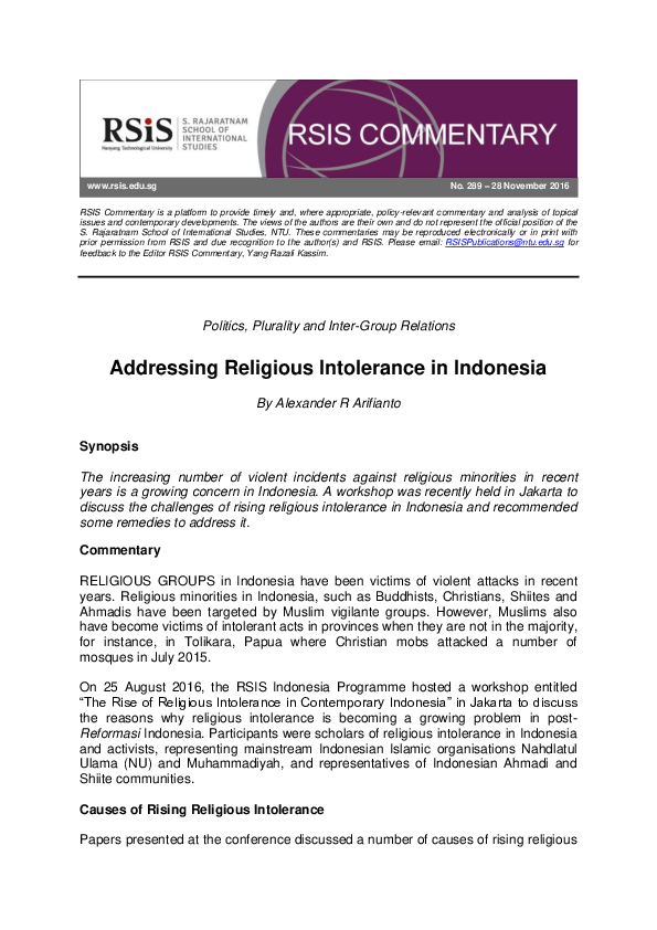 (PDF) Addressing Religious Intolerance in Indonesia