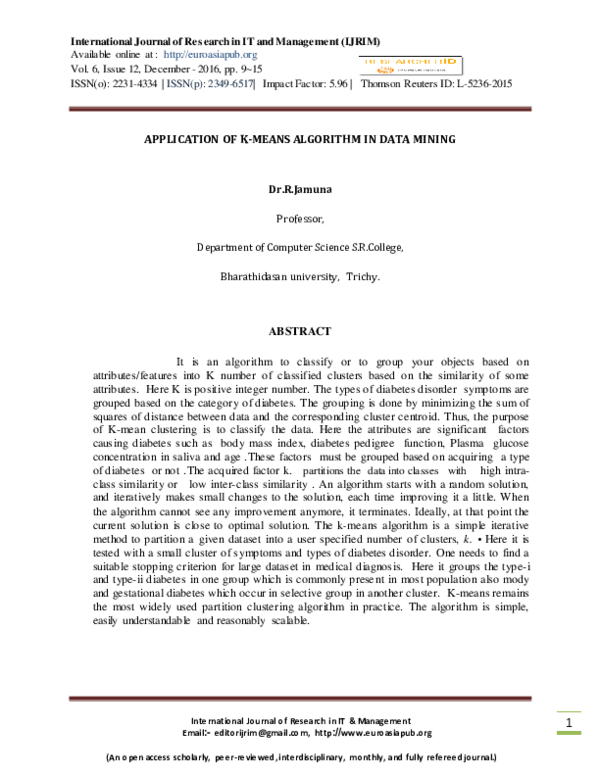 (PDF) APPLICATION OF K-MEANS ALGORITHM IN DATA MINING