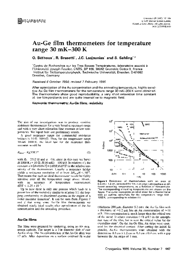 (PDF) Au-Ge film thermometers for temperature range 30 mK–300 K