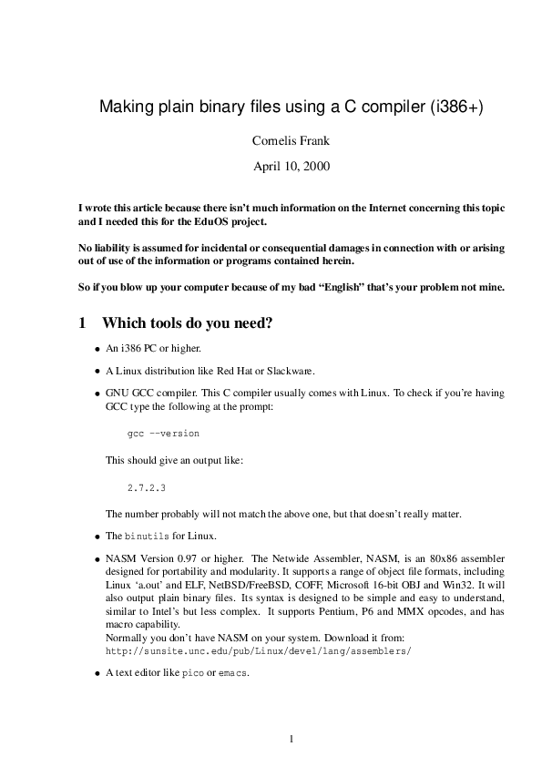 (PDF) Making plain binary files using a C compiler (i386