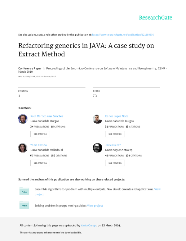 (PDF) Refactoring Generics in JAVA: A Case Study on Extract Method
