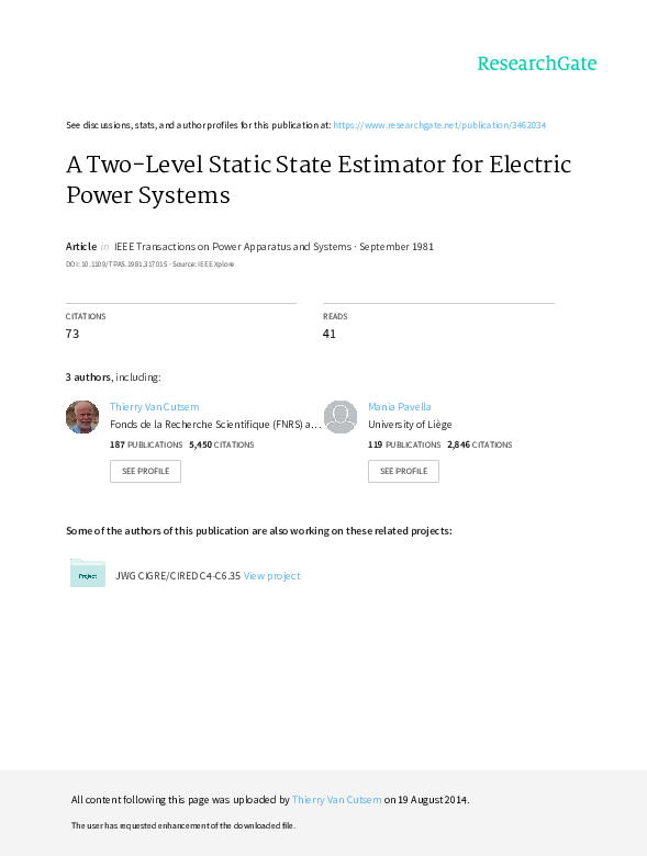 Pdf A Two Level Static State Estimator For Electric Power Systems