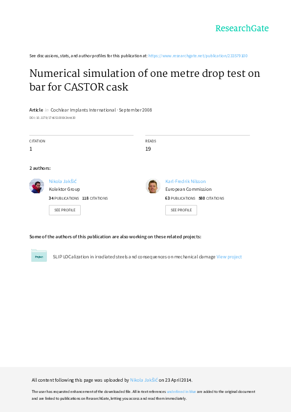 (PDF) Numerical simulation of one metre drop test on bar for CASTOR cask