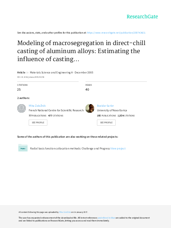 (PDF) Modeling of macrosegregation in direct-chill casting of aluminum alloys: Estimating the ...