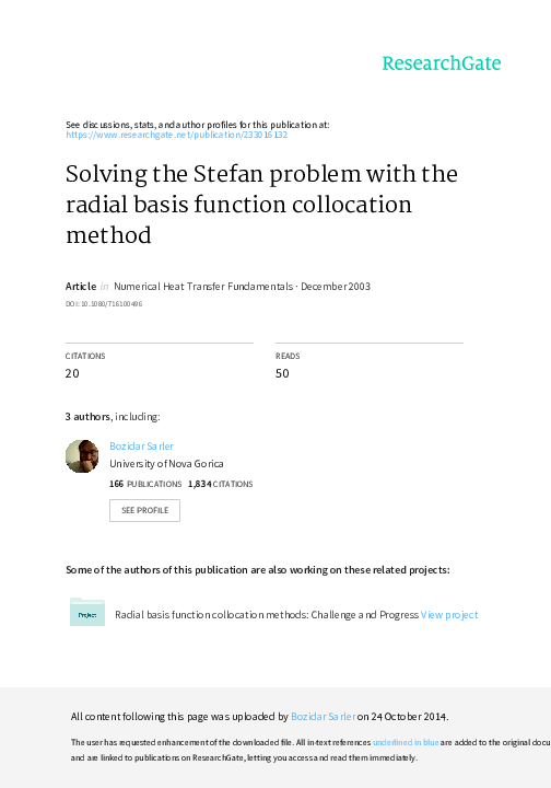 (PDF) Solving the Stefan Problem with the Radial Basis Function ...