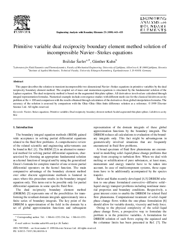 Pdf Primitive Variable Dual Reciprocity Boundary Element Method Solution Of Incompressible