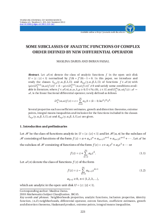 Pdf Some Subclasses Of Analytic Functions Of Complex Order Defined By New Differential