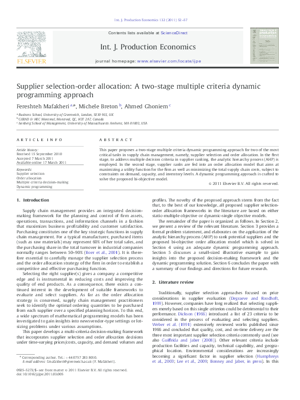 Pdf Supplier Selection Order Allocation A Two Stage Multiple Criteria Dynamic Programming