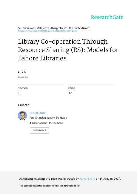(PDF) Library Co-operation Through Resource Sharing (RS): Models for ...