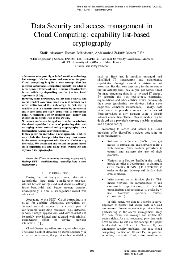 (PDF) Data Security and access management in Cloud Computing: capability list-based cryptography